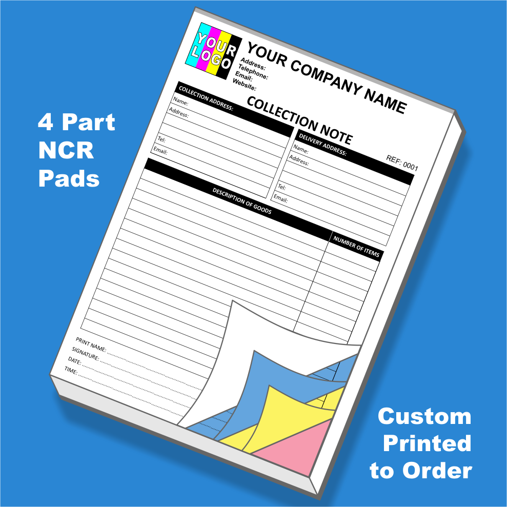 Collection Notes NCR Pads Custom Printing FREE Template 2 Pads of 50 Printed NCR Sets 4 Part NCR Quadruplicate Carbonless Paper A5 148x210mm